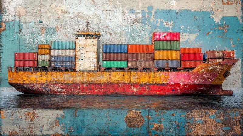 Rusty Cargo Ship with Colorful Containers on Ocean Stock Illustration ...