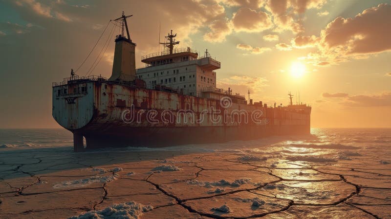 Rusty Cargo Ship on Cracked Ice at Sunset Stock Photo - Image of ...