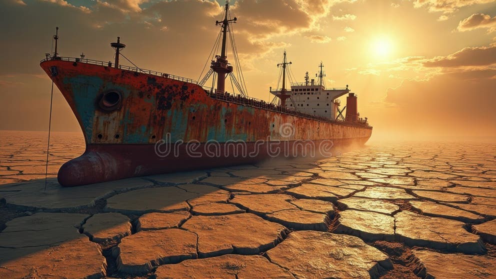 Rusty Cargo Ship on Dry Cracked Earth Under Dramatic Sunset Sky Stock ...