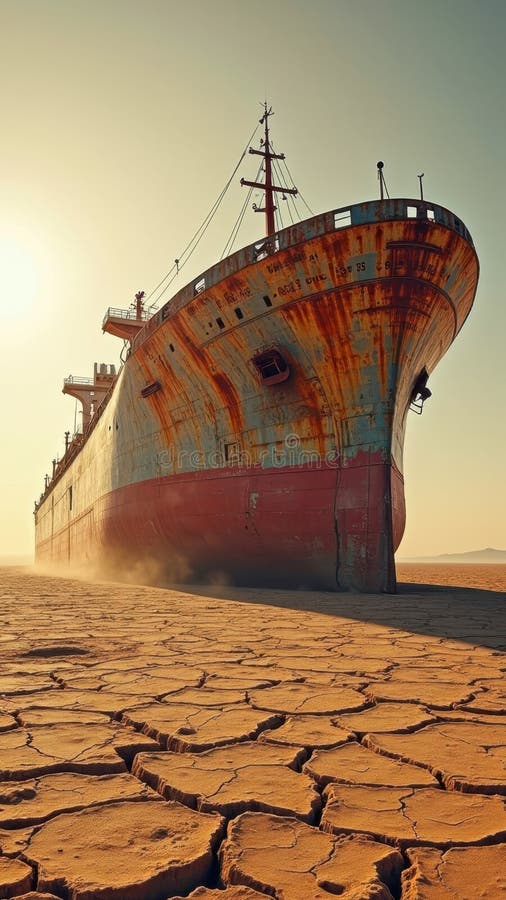 Rusty Cargo Ship on Dry Desert, Sunlit Cracked Earth in Background ...