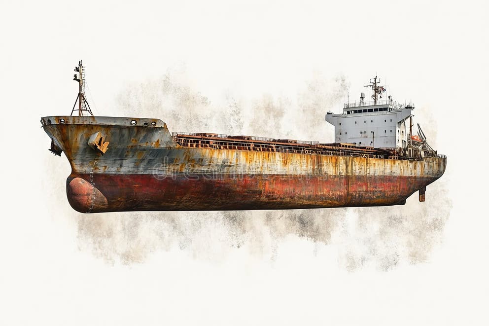 Rusty Cargo Ship on a Light Background with Weathered Appearance Stock ...