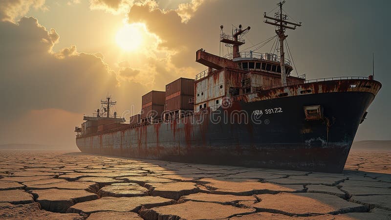 Rusty Cargo Ship Stranded on Cracked Desert Land Under Dramatic Sunset ...