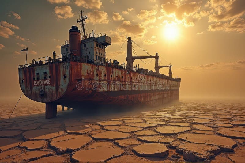 Rusty Cargo Ship Stranded Desert Cracked Earth Sunset Stock Photos ...
