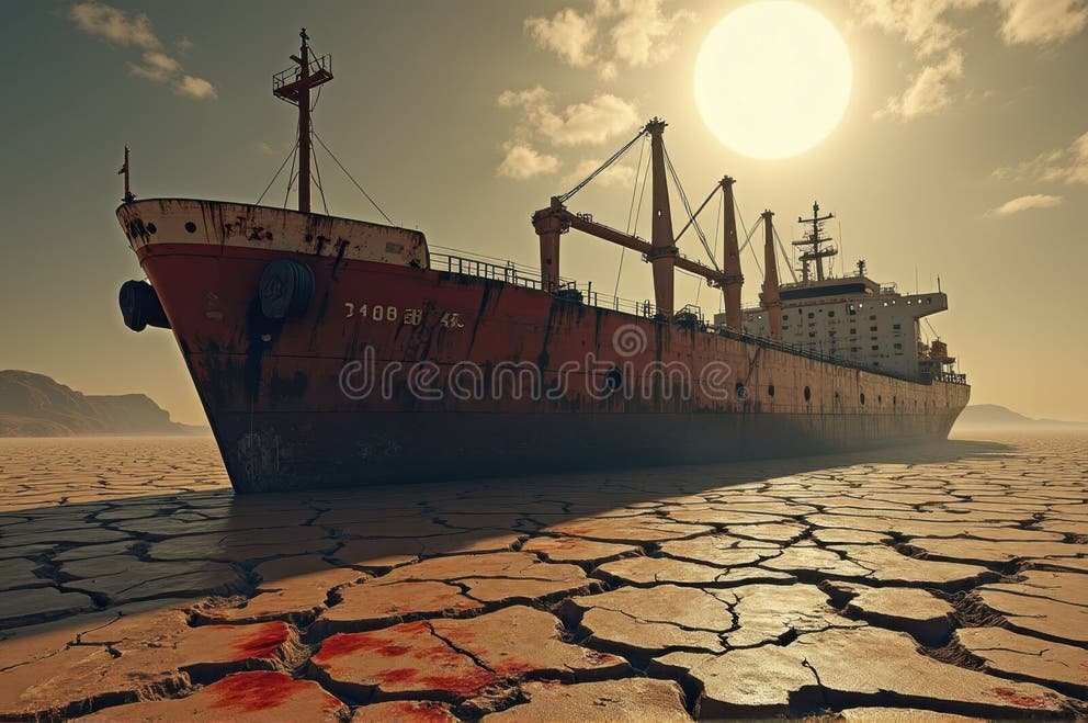 Rusty Cargo Ship on Sun-baked Desert Terrain Under Bright Sun Stock ...