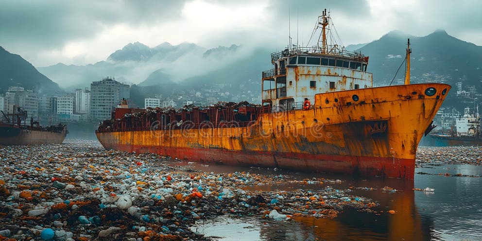 Rusty Cargo Ship Surrounded by Floating Plastic Waste in a Polluted ...