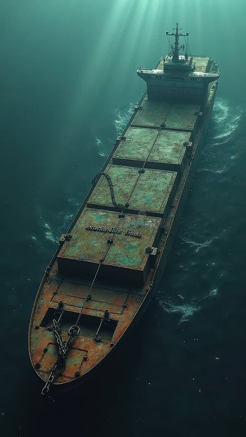 Rusty Cargo Ship Underwater with Sunlight Filtering through Ocean ...