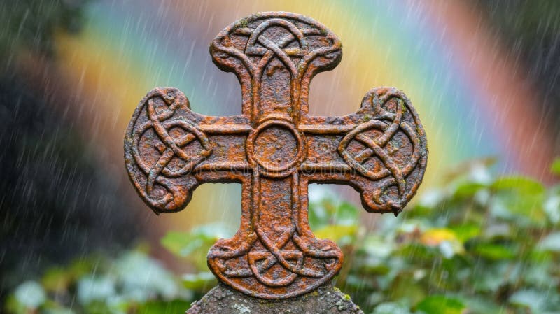 Rusty Celtic Cross in Rain with Rainbow Background Stock Illustration ...