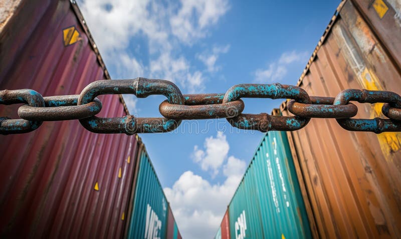 Rusty Chain Connecting Shipping Containers, Blue Sky, Clouds Stock ...