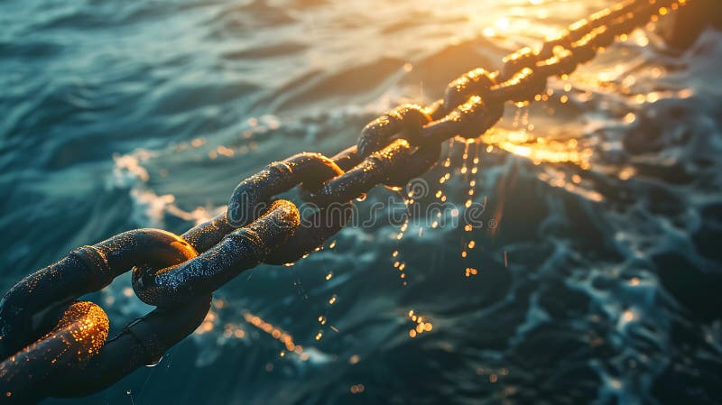 Rusty Chain Dripping Water into the Ocean at Sunset, Creating a ...