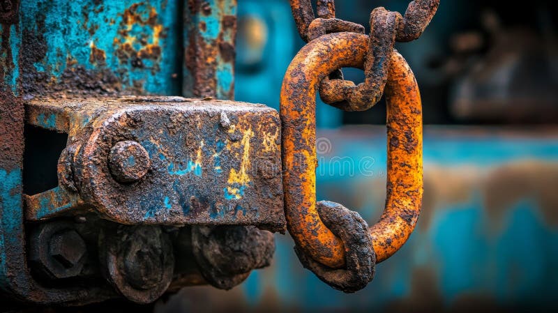 Rusty Chain Link on an Old Blue Metal Machine Closeup View of Corrosion ...