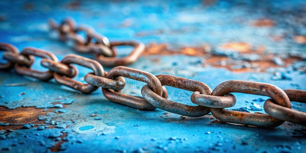 Rusty Chain Links Resting on a Weathered Blue Surface, a Close-up Study of Age and Resilience ...
