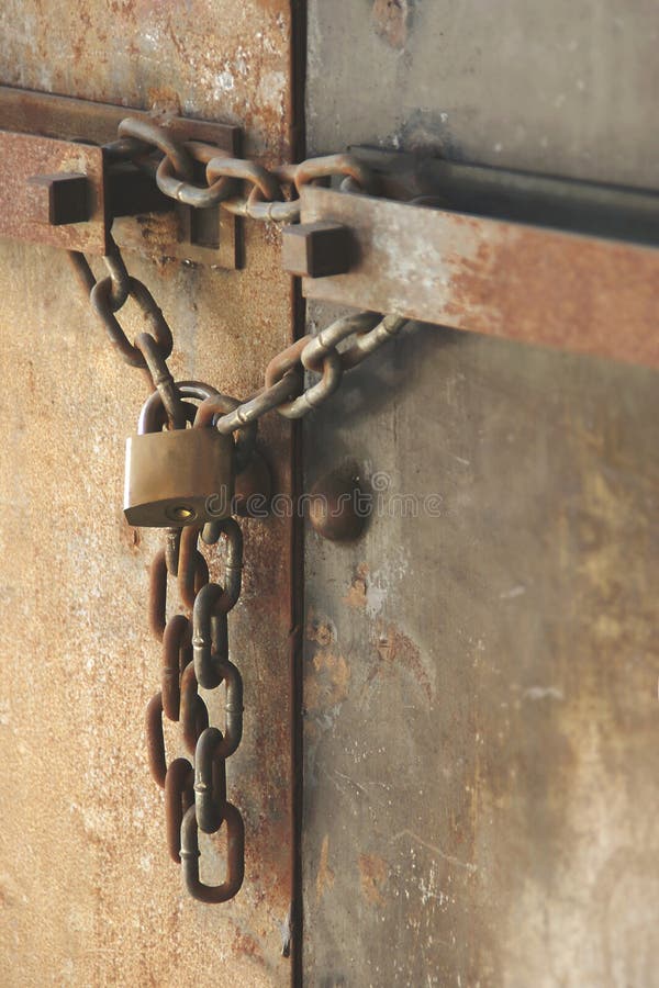 Rusty Chain with Lock on Old Metal Double Doors Stock Image - Image of ...