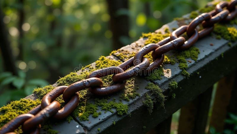 Rusty Chain Overgrown with Moss in a Natural Setting Stock Illustration ...