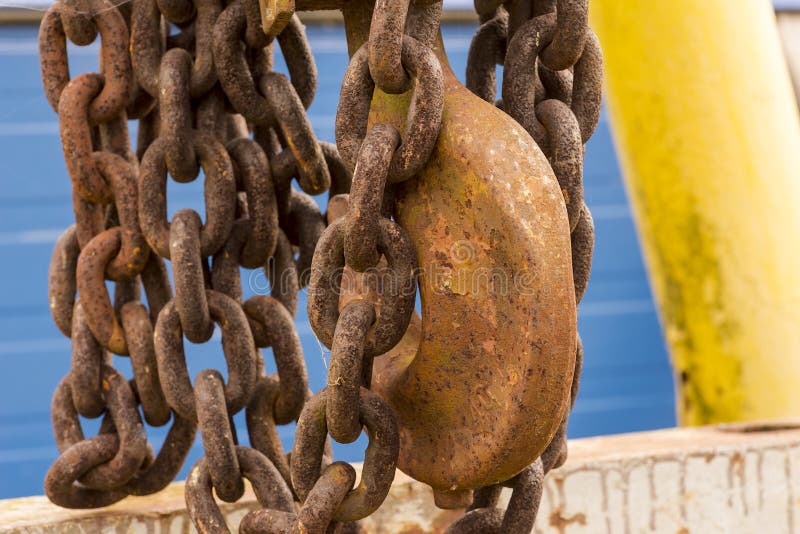 Rusty Chains and a Crane Hook on a River Dam. Stock Image - Image of ...