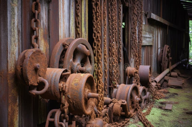 Rusty Chains and Pulleys on Old Barn Equipment Stock Illustration ...