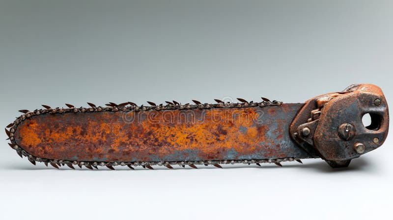 Rusty Chainsaw with Attached Chain Resting on a Wooden Surface in ...