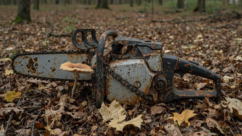 Rusty Chainsaw on Forest Floor with Mushroom Growing through Chain ...