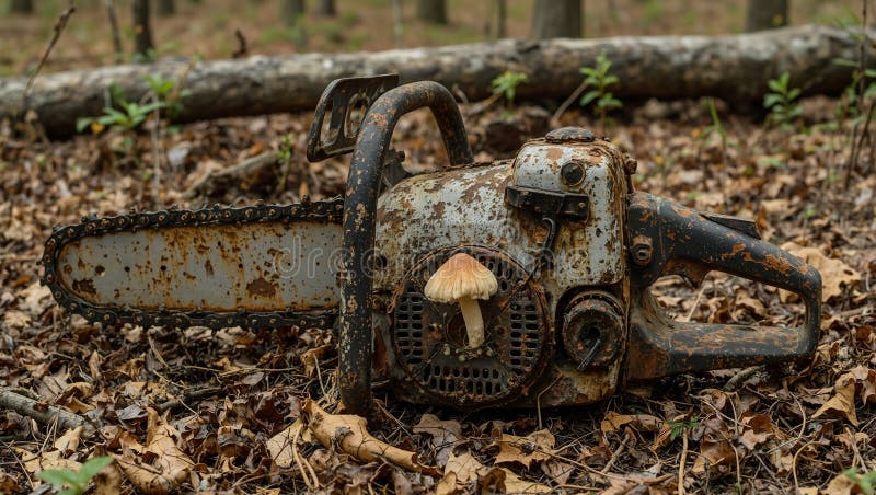 Rusty Chainsaw on Forest Floor with Mushroom Growing through Chain ...