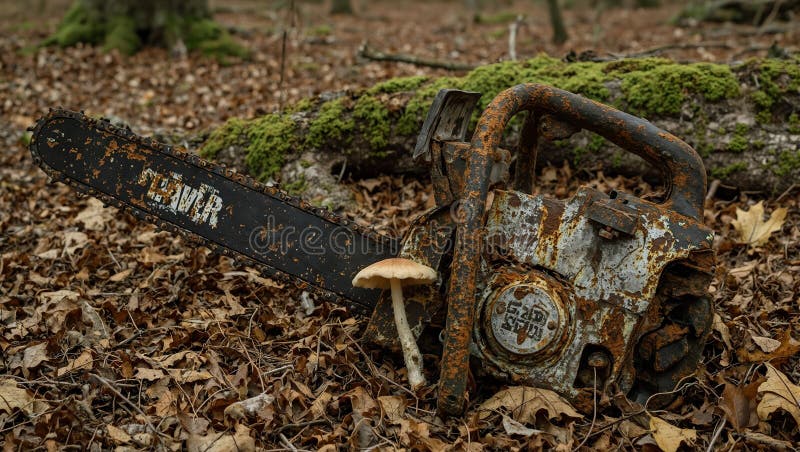 Rusty Chainsaw on Forest Floor with Mushroom Growing through Chain ...