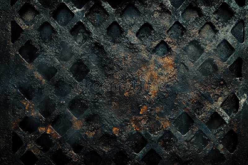 Rusty and Charred Metal Grate Forming Diamond Pattern, Creating a Dark ...