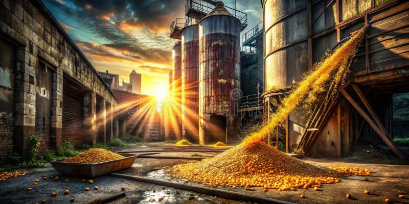 Rusty Chute of an Abandoned Grain Silo Corn Flowing in Urban ...