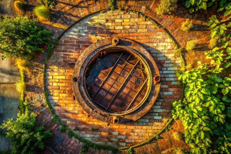 Rusty Circular Hatch in Old Brick Wall Aerial Perspective of Weathered ...