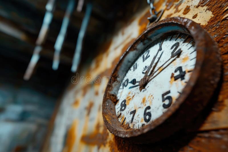 Rusty Clock in Abandoned Building with Peeling Paint and Metal Chains ...