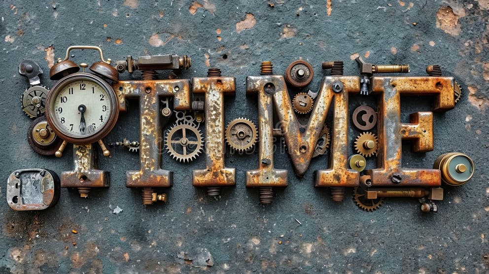 Rusty Clock and Gears Spell Out "TIME". Stock Illustration ...