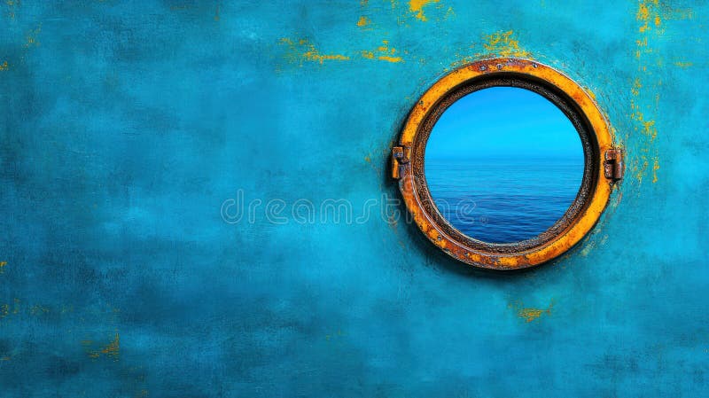 Rusty Closed Porthole Window with Ocean View on Rich Wood Grain Texture ...