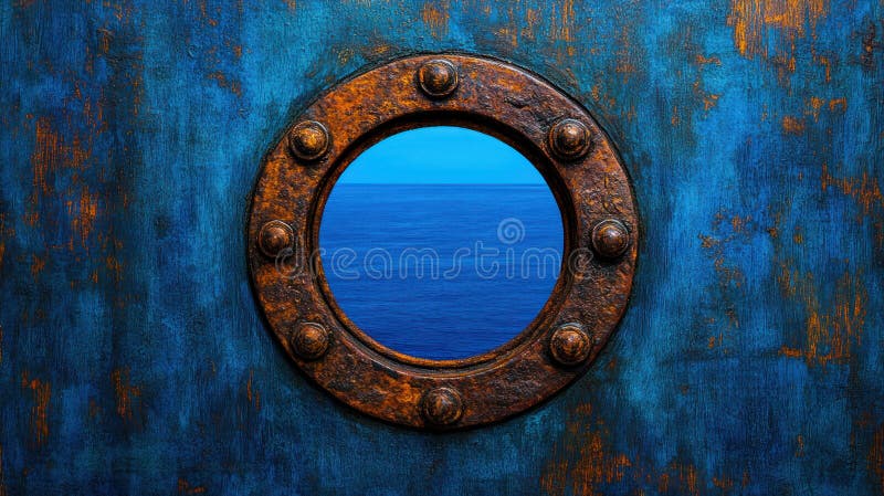Rusty Closed Porthole Window with Ocean View on Rich Wood Grain Texture ...