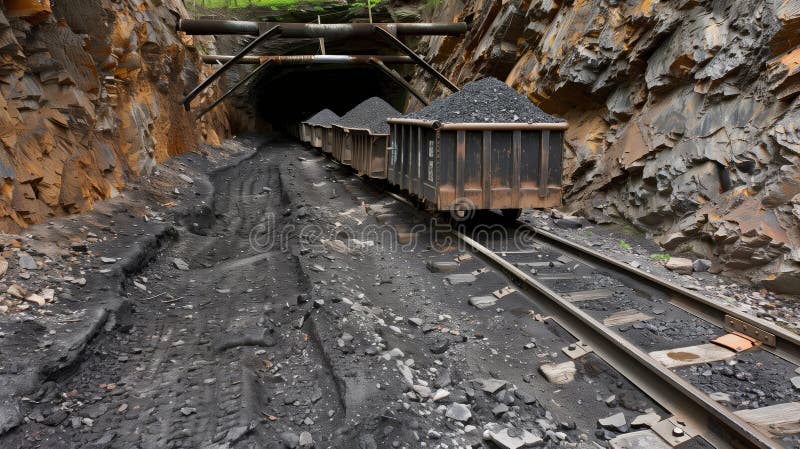 Rusty Coal Carts Stand Silently on the Tracks of a Dimly Lit Abandoned ...