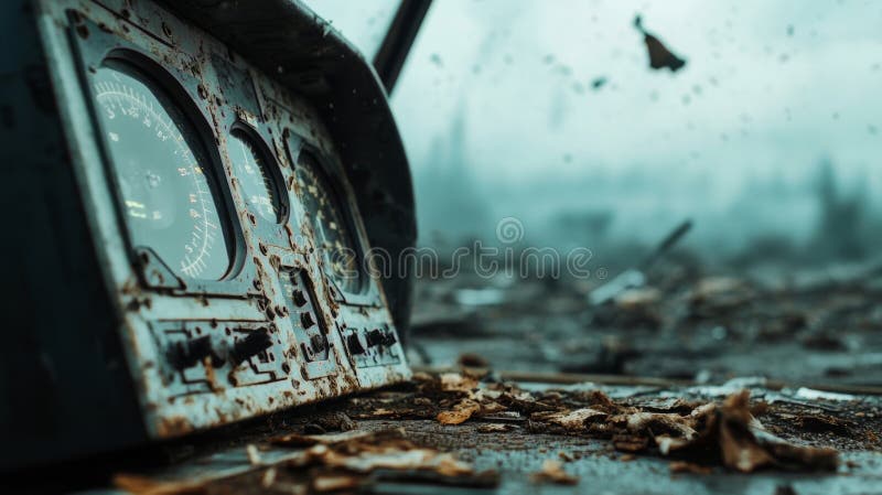 Rusty Cockpit Instrument Panel Lying on the Ground in a Misty, Rainy ...