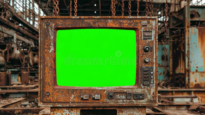 Rusty Industrial Computer Showing Green Screen Hanging from Ceiling ...