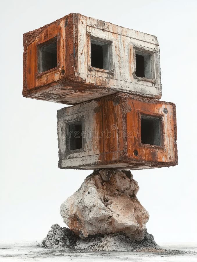 Rusty Concrete Blocks Balanced on a Rock Stock Illustration ...