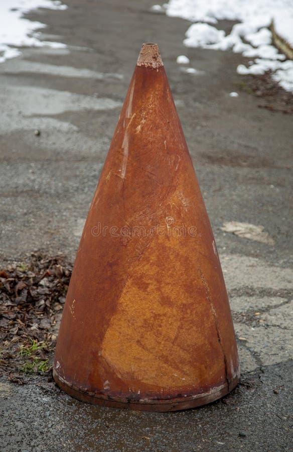 Rusty cone shape road sign stock photo. Image of object - 171375198