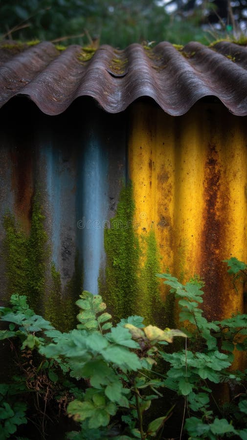 Rusty Corrugated Metal Structure with Moss and Foliage, Weathered ...
