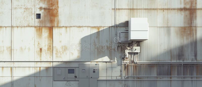 Rusty Corrugated Metal Wall with White Boxes and Pipes Stock ...