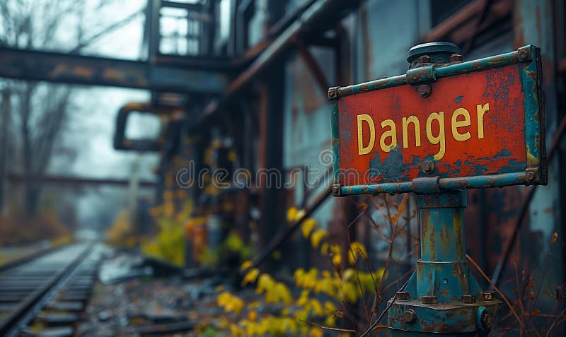 Rusty Danger Sign at Abandoned Site. Stock Image - Image of metal ...