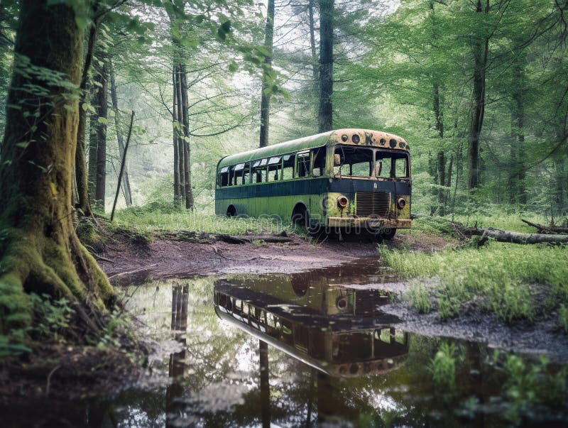 Rusty Decrepit School Bus in the Middle of a Dense Forest. Stock ...