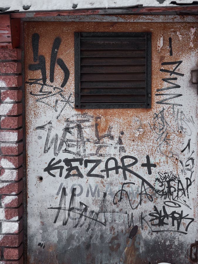 Rusty Door with Bars. Painted with Graffiti Stock Photo - Image of ...