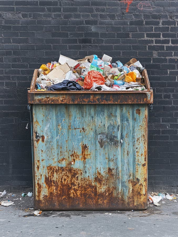 Rusty Dumpster Overflowing with Trash Against a Brick Wall. Stock Image ...