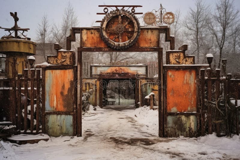 Rusty Entrance Gate with Snow-covered Sign Stock Illustration ...