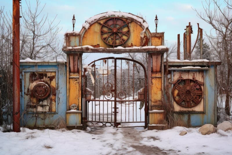 Rusty Entrance Gate with Snow-covered Sign Stock Illustration ...