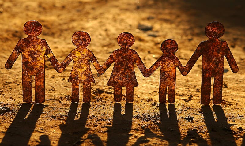 Rusty Family Figures Holding Hands on Dirt in Sunlight, Symbolizing ...