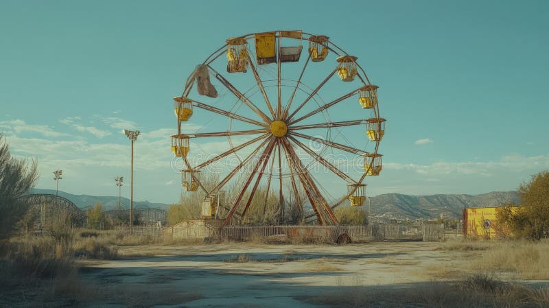 Rusty Ferris Wheel in Abandoned Amusement Park Stock Illustration ...