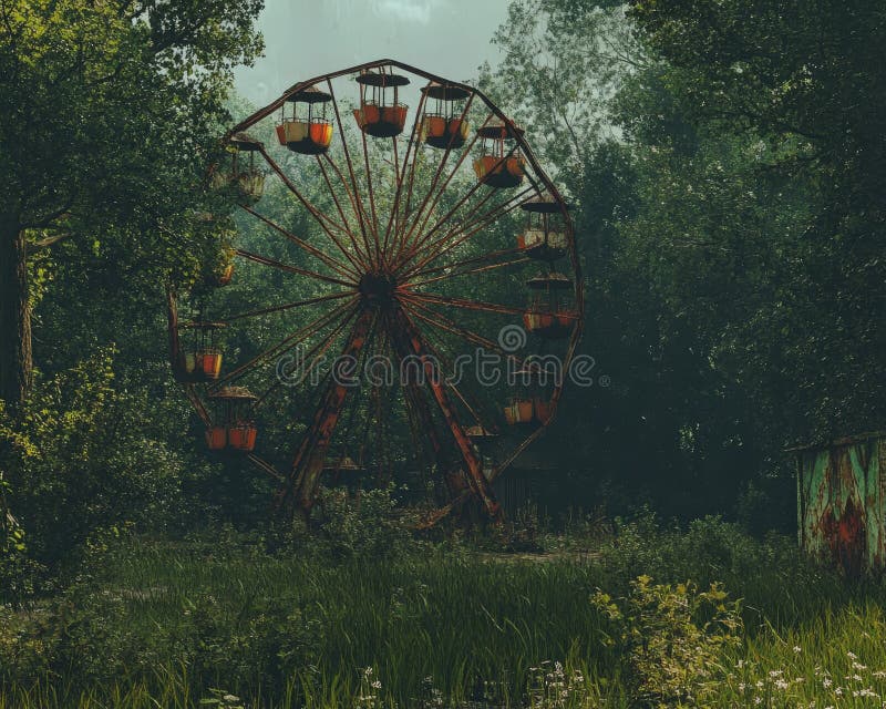 Rusty Ferris Wheel in Overgrown Forest Setting Stock Photo - Image of ...