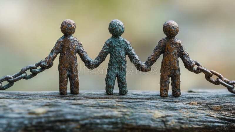 Rusty Figures Holding Hands Symbolize Unity and Connection, Chain Links ...