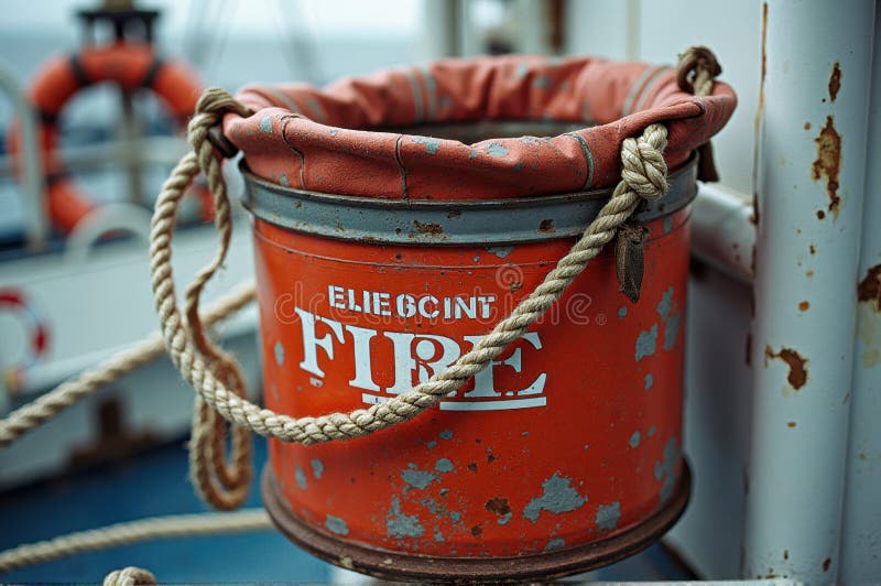 Rusty Fire Bucket on Boat Deck with Weathered Ropes Stock Photo - Image ...