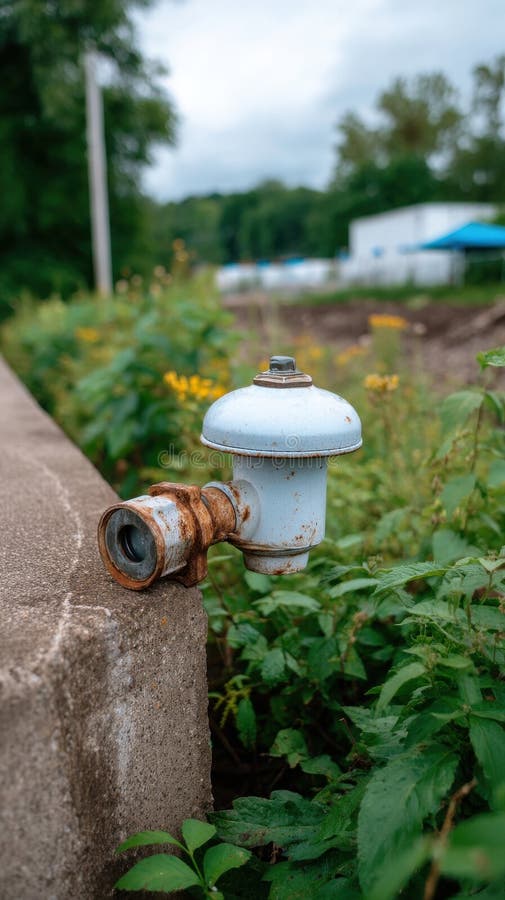 Rusty Fire Hydrant Landscape in Green Environment with Concrete Wall ...
