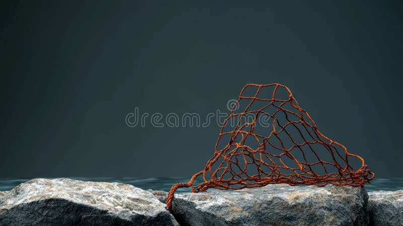 Rusty Fishing Net Resting on Rocks by the Water Atmospheric Dark ...